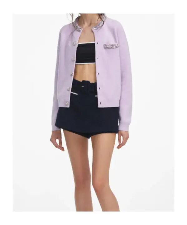 SELF-PORTRAIT Pearl Trim Ribbed Knit Cardigan