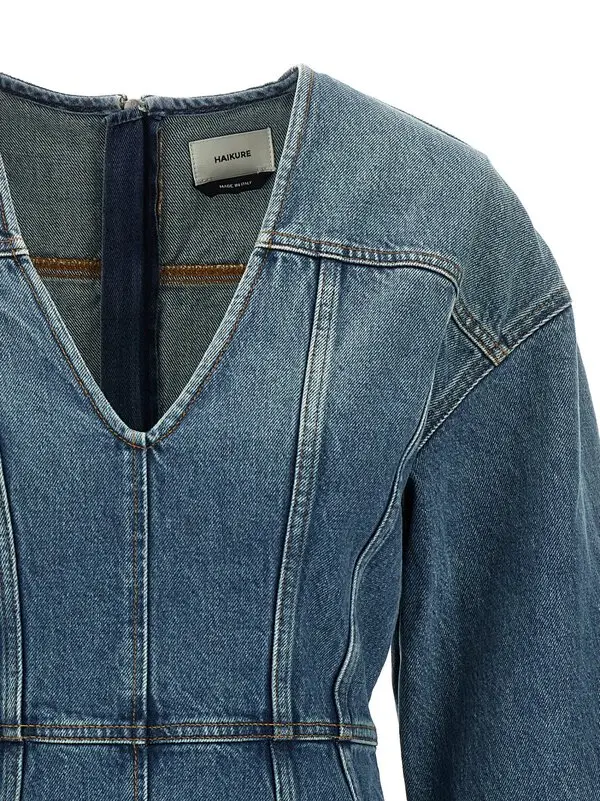 HAIKURE V-neck Long Sleeve Denim Dress - Blue