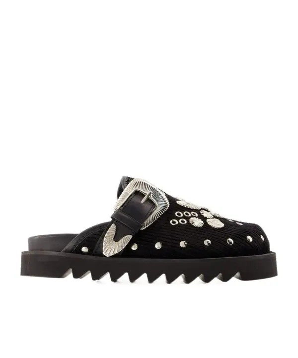 Toga Metallic Detailed Buckled Corduroy Sabots - Black