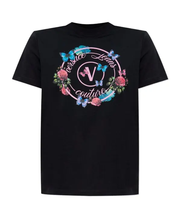 Versace Floral-butterfly Print Crewneck T-shirt - Black