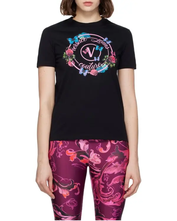 Versace Floral-butterfly Print Crewneck T-shirt - Black