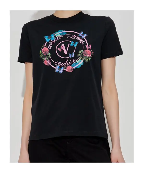 Versace Floral-butterfly Print Crewneck T-shirt - Black