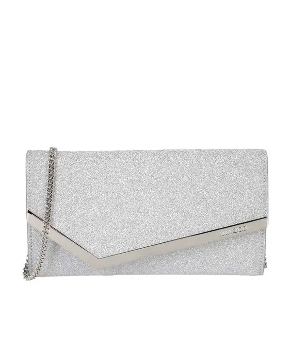 JIMMY CHOO Emmie Glitter Clutch Bag With Chain Strap - White