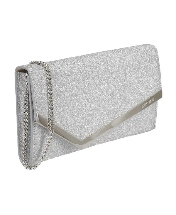 JIMMY CHOO Emmie Glitter Clutch Bag With Chain Strap - White