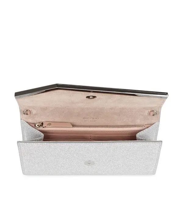 JIMMY CHOO Emmie Glitter Clutch Bag With Chain Strap - White