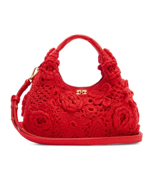 GANNI Mini Crochet Hobo Shoulder Bag - Red