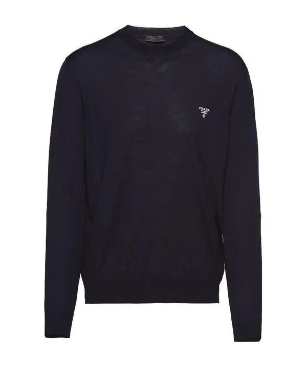 Prada Logo Embroidered Crewneck Jumper - Blue