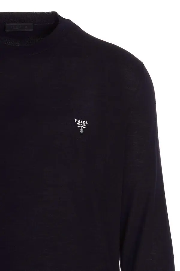 Prada Logo Embroidered Crewneck Jumper - Blue
