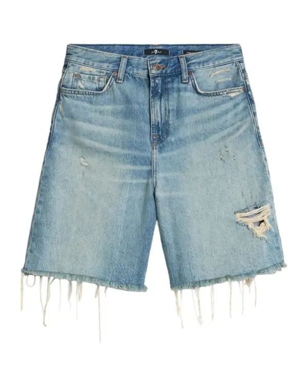 7 For All Mankind Lola Denim Bermuda Shorts With Fringe Hem