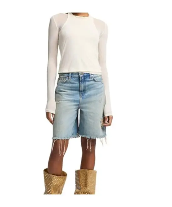 7 For All Mankind Lola Denim Bermuda Shorts With Fringe Hem