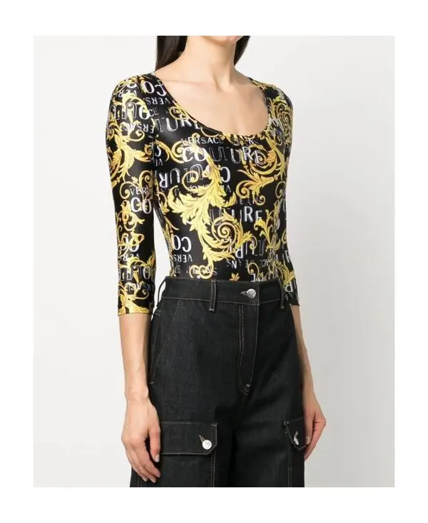 Versace Logo Printed Long Sleeve Crewneck Bodysuit