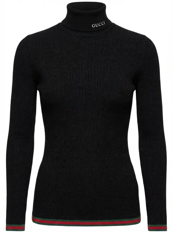 Gucci Ribbed Knit Turtleneck Top With Webbing Piping - Black