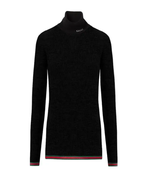 Gucci Ribbed Knit Turtleneck Top With Webbing Piping
