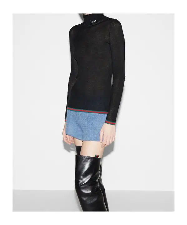 Gucci Ribbed Knit Turtleneck Top With Webbing Piping