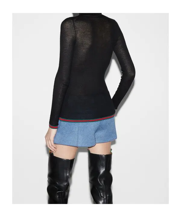 Gucci Ribbed Knit Turtleneck Top With Webbing Piping