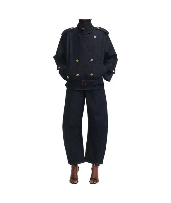 SELF-PORTRAIT Belted Denim Jacket With Exaggerated Collar - Black