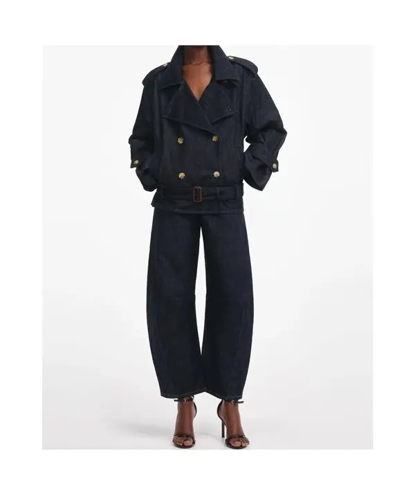 SELF-PORTRAIT Belted Denim Jacket With Exaggerated Collar - Black
