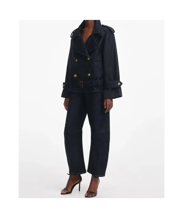 SELF-PORTRAIT Belted Denim Jacket With Exaggerated Collar - Black