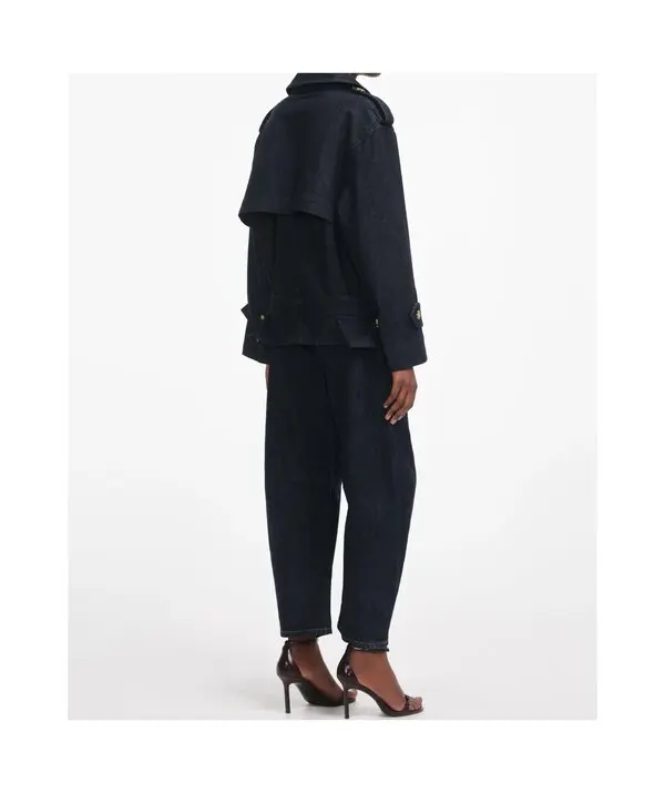 SELF-PORTRAIT Belted Denim Jacket With Exaggerated Collar - Black