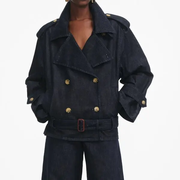 SELF-PORTRAIT Belted Denim Jacket With Exaggerated Collar - Black