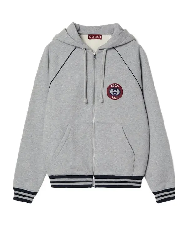 Gucci Felted Cotton Zipped Jacket With Patch And Embroidery - Grey