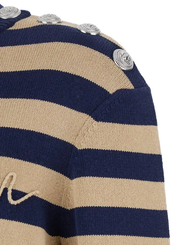 Balmain Long Sleeve Striped Sweater With Button Detail