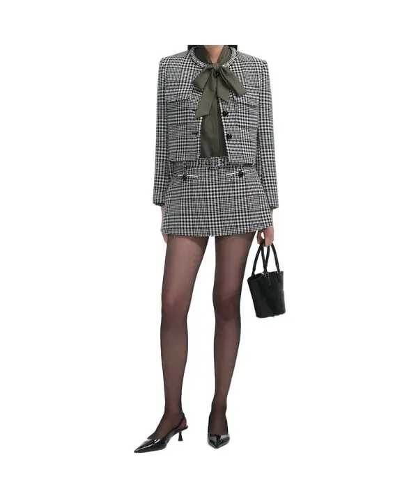 SELF-PORTRAIT Houndstooth Cropped Jacket With Diamanté Trim - Black
