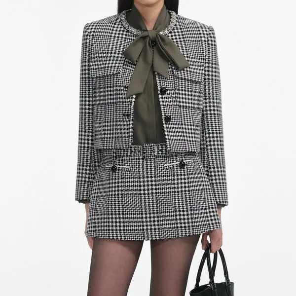 SELF-PORTRAIT Houndstooth Cropped Jacket With Diamanté Trim - Black