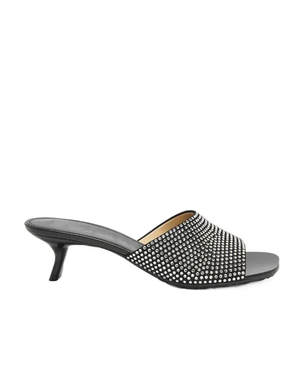 Loewe Petal Kitten Heel Slide In Suede And Rhinestones - Black