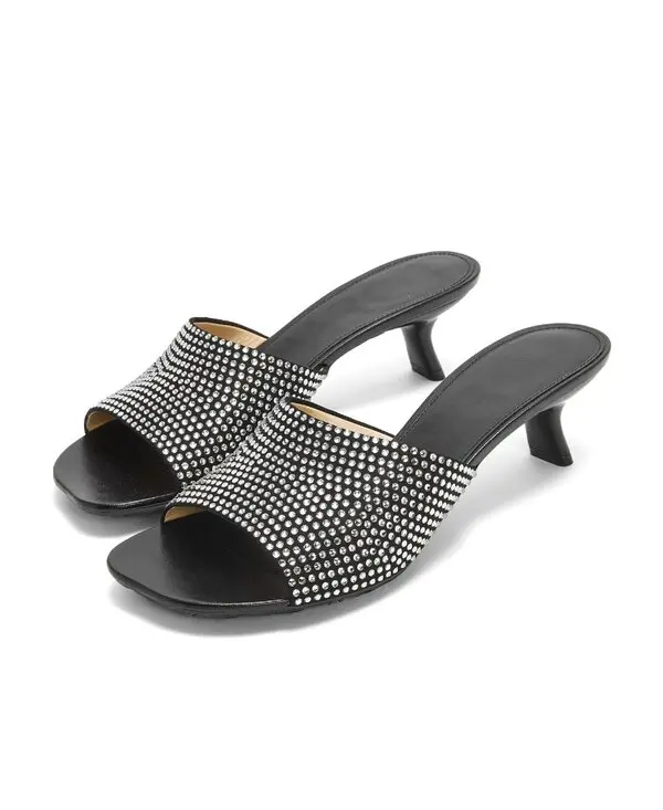 Loewe Petal Kitten Heel Slide In Suede And Rhinestones - Black