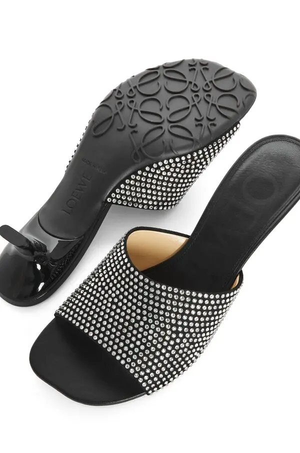 Loewe Petal Kitten Heel Slide In Suede And Rhinestones - Black