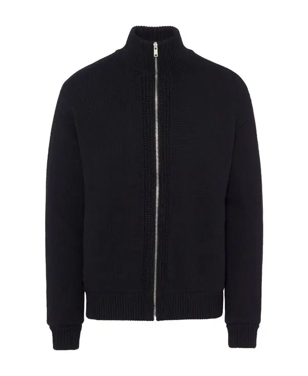 Prada Ribbed Knit Zip-up Cardigan With Triangular Logo - Black