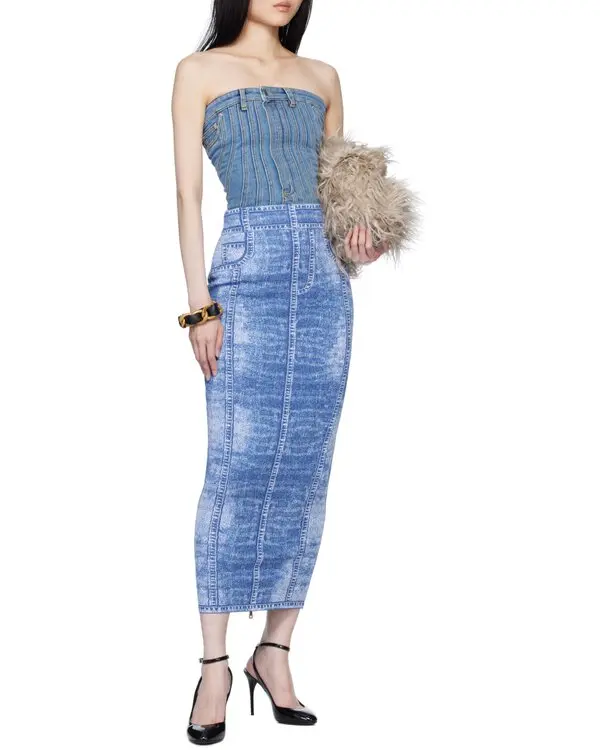 Balmain Midi Skirt In Jacquard Knit With Denim Effect