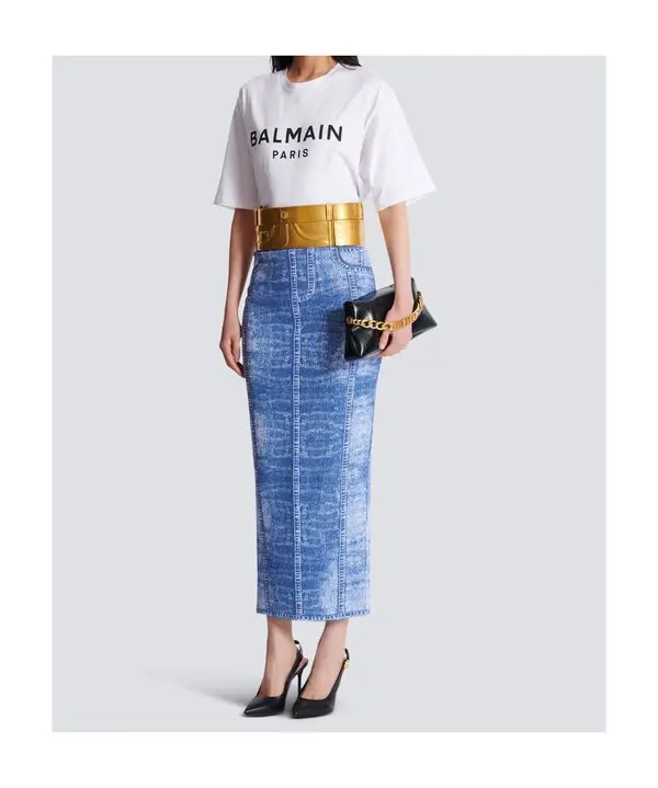 Balmain Midi Skirt In Jacquard Knit With Denim Effect