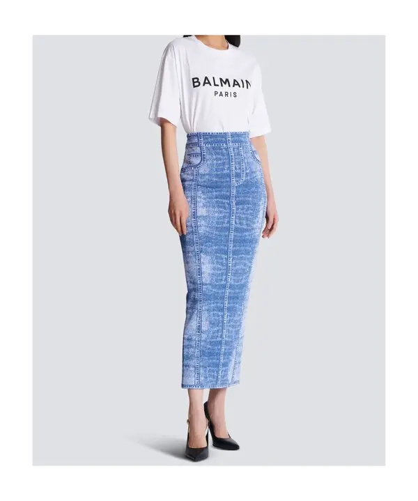 Balmain Midi Skirt In Jacquard Knit With Denim Effect