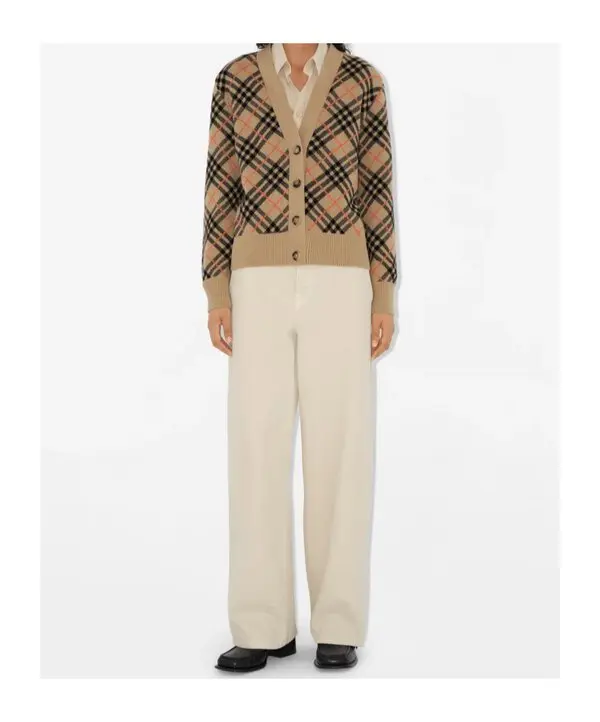 Burberry Checked V-neck Buttoned Cardigan - Sand