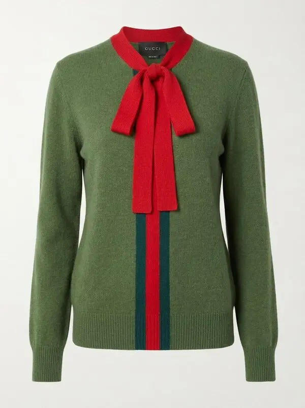 Gucci Cashmere Knit Sweater With Ribbon Detail - Green