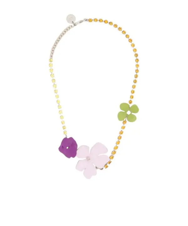 Marni Flower Embellished Two-tone Rhinestone Chain Necklace - White