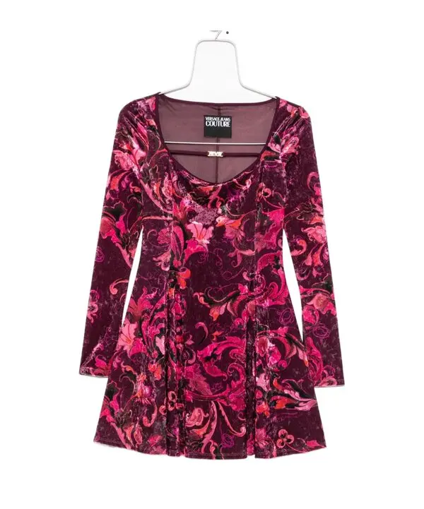 Versace Floral Print Velvet Mini Dress - Red