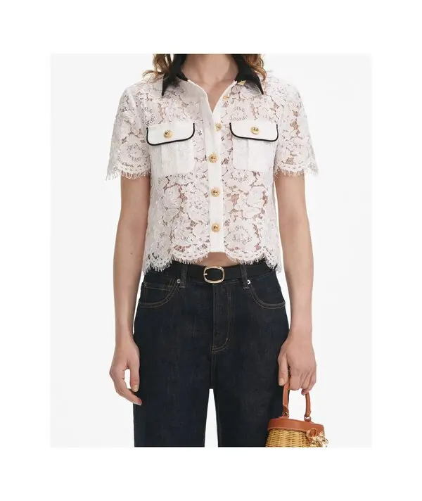 SELF-PORTRAIT Short-sleeved Lace Shirt With Contrast Collar