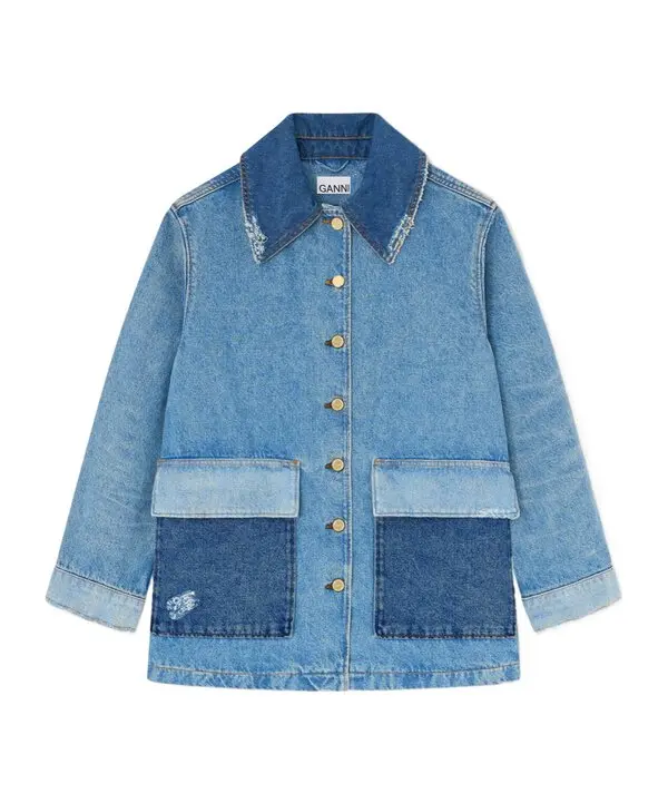 GANNI Patchwork Midi Denim Jacket - Blue