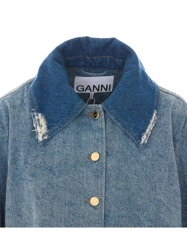 GANNI Patchwork Midi Denim Jacket - Blue