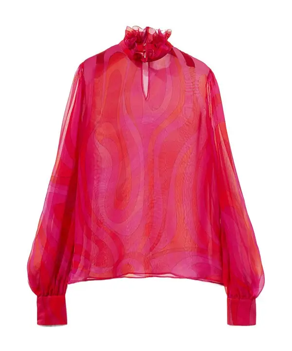 Emilio Pucci Semi-sheer Silk Chiffon Printed Blouse - Bright Red/fuchsia/bright Orange/bright Pink