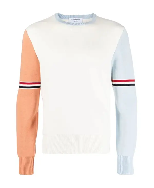 Thom Browne Color-block Crewneck Sweater With Signature Stripes - White