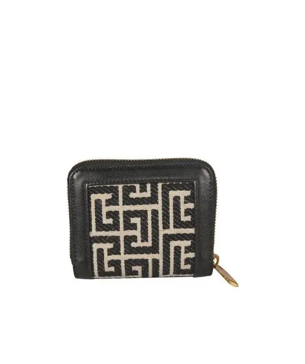 Balmain Bicolor Jacquard 1945 Coin Pouch With Leather Panels - Black