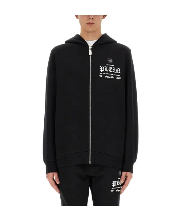 Philipp Plein Logo Printed Zipped Hoodie - Black