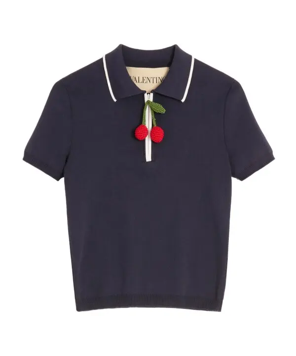 Valentino Garavani Short-sleeved Cherry Embellished Polo Top - Navy Blue