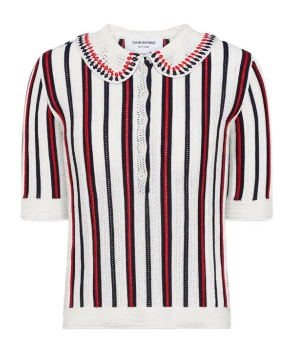 Thom Browne Striped Crochet Polo Shirt - White