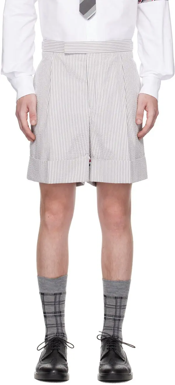 Thom Browne Striped Seersucker Cuff Shorts - Medium Gray