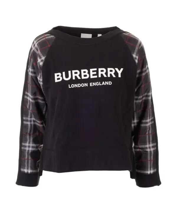 Burberry Logo Print Plaid Sleeve Sweater - Black